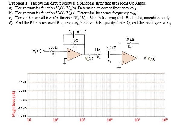 SOLVED: Problem 1: The overall circuit below is a bandpass filter that uses ideal Op Amps. a ...