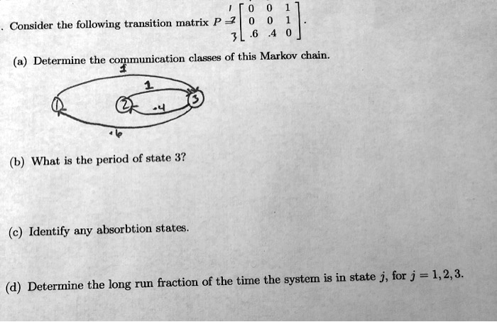 SOLVED: Consider the following transition matrix Determine the communication classes of this ...
