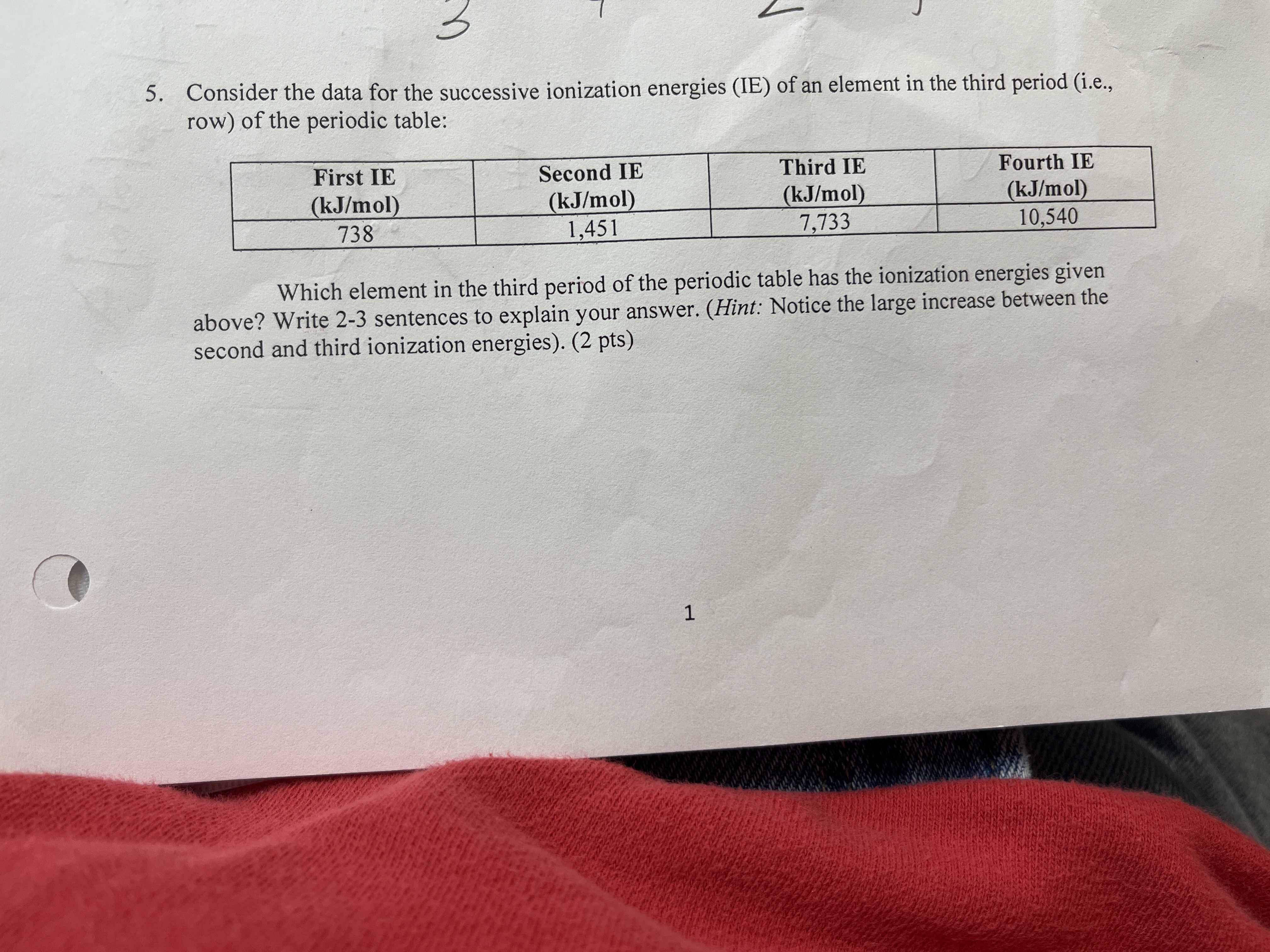 5. Consider the data for the successive ionization energies (IE) of an ...