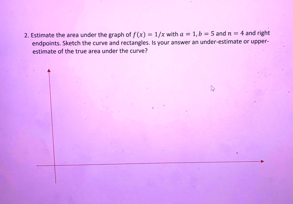 SOLVED: 2. Estimate the area under the graph of f (x) = 1/x with a = 1,b = 5 and n = 4 and right ...