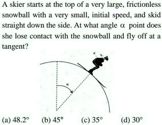 A skier starts at the top of a very large, frictionless snowball with a ...