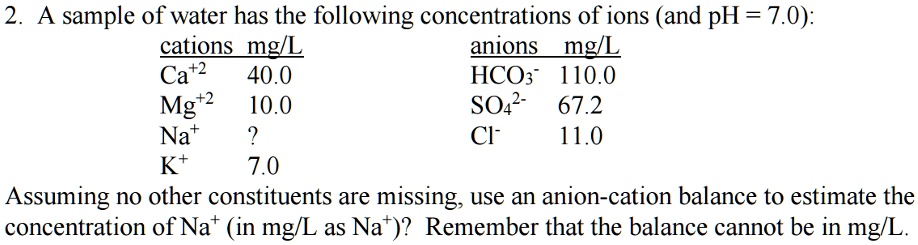 2. A sample of water has the following concentrations of ions (and pH ...