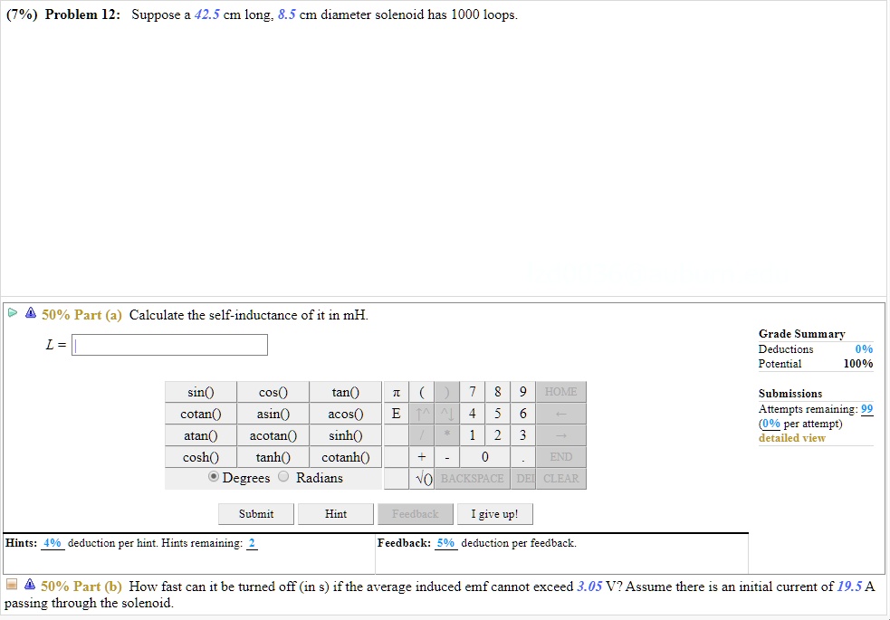 problem 12 suppose 425 cm long 85 cm diameter solenoid has 1000 loops 50 part a calculate the ...