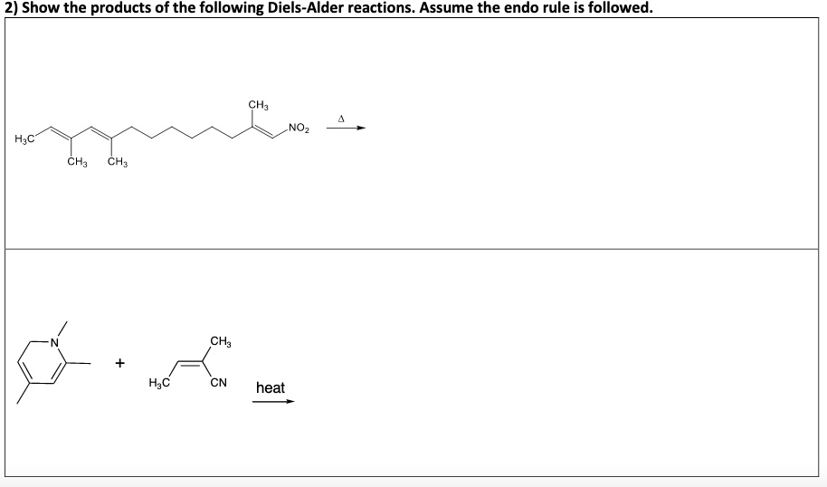 SOLVED: 2) Show the products of the following Diels-Alder reactions. Assume the endo rule is ...
