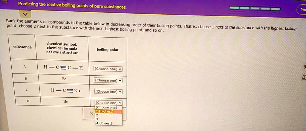 SOLVED: Predicting the relative boiling points of pure substances From the elements and ...