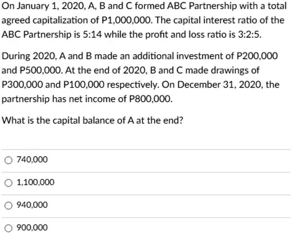 SOLVED: On January 1, 2020, A, B, and C formed ABC Partnership with a ...