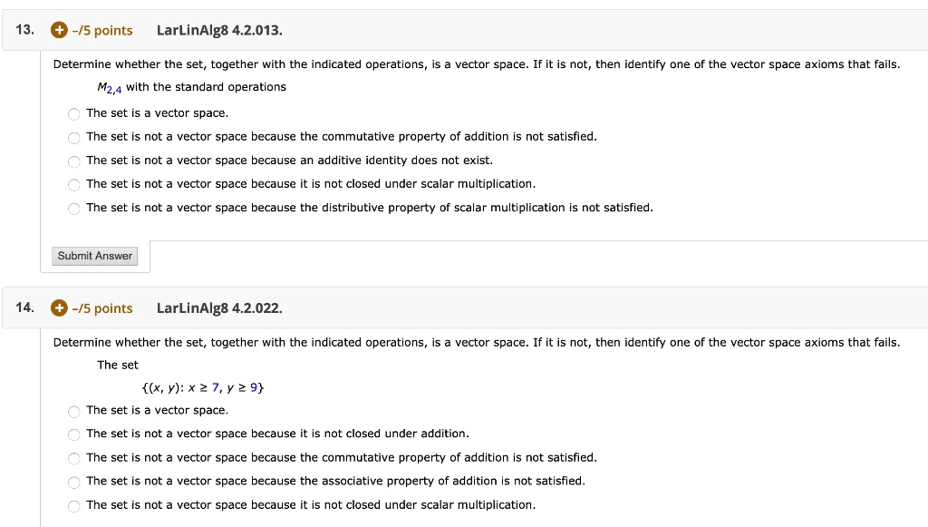 SOLVED: /S points LarLinAlg8 4.2.013. 13 Determine whether the set ...