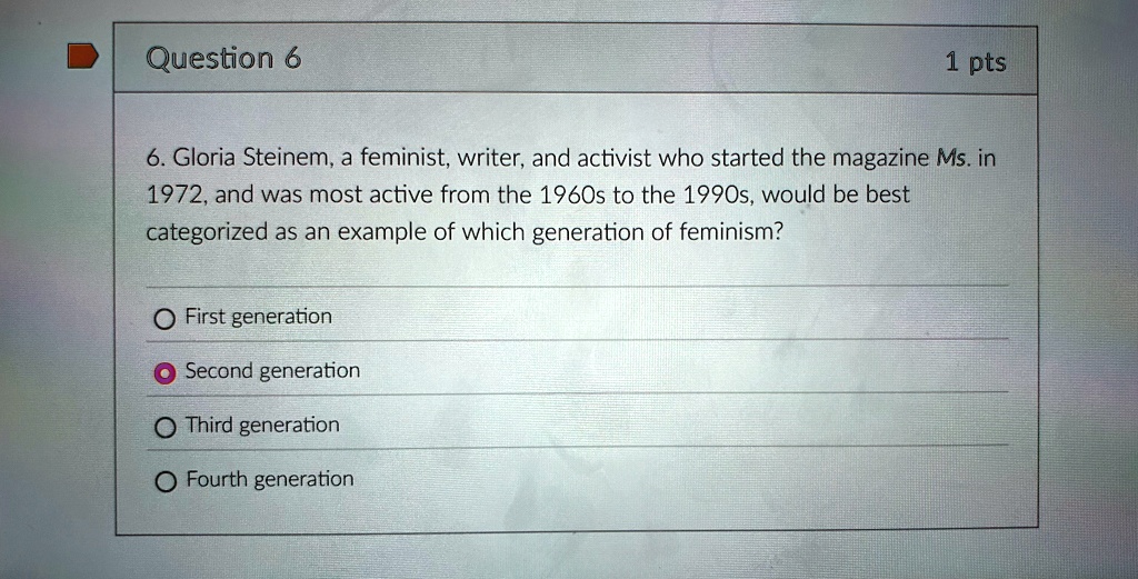 question 6 1 pts 6 gloria steinem a feminist writer and activist who ... question 6 1 pts 6 gloria steinem a feminist writer and activist who ...
