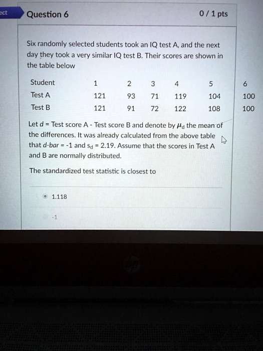 SOLVED: Question 6 0 / 1 pts Six randomly selected students took an IQ ...