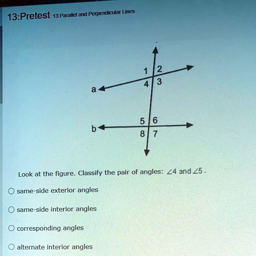 SOLVED: 'Look at the figure. Classify the pair of angles: