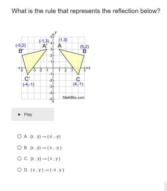 SOLVED: What is the rule that represents the reflection below? Play A. (x, y) →(-x,-y) B. (x, y ...