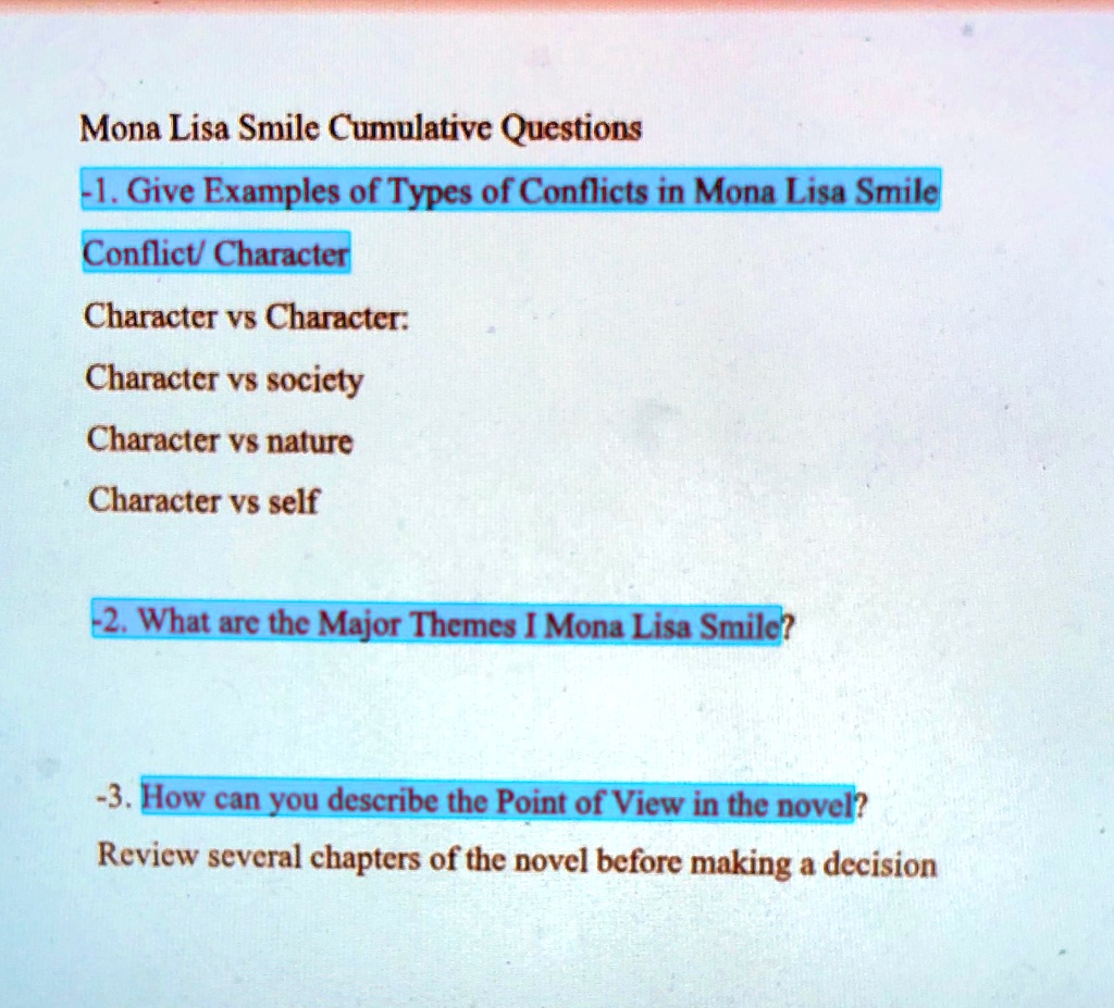 Mona Lisa Smile Cumulative Questions 1. Give Examples of Types of ...