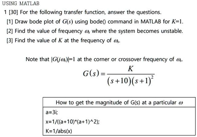SOLVED: Using MATLAB 1. [30] For the following transfer function, answer the questions: [1] Draw ...