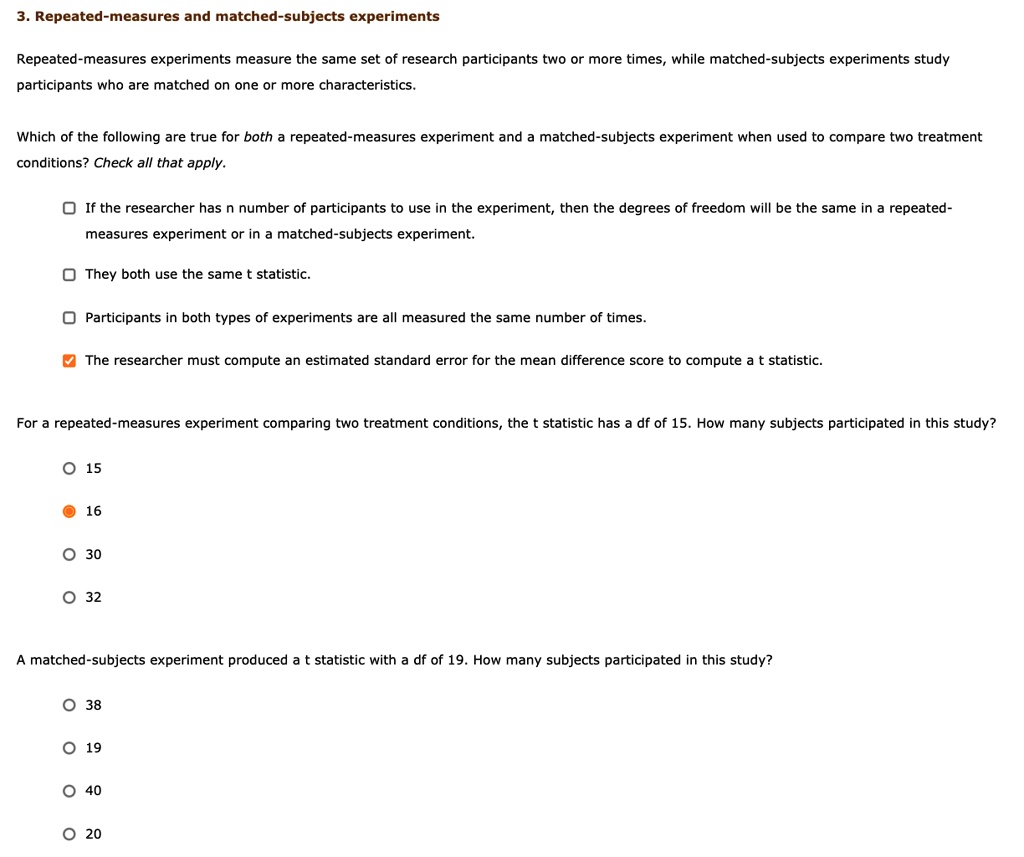 SOLVED: Repeated measures and matched-subjects experiments Repeated ...