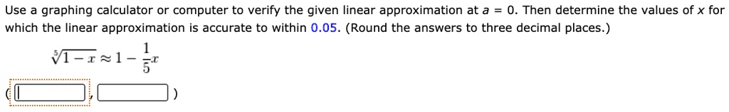 SOLVED: Use a graphing calculator or computer to verify the given linear approximation at a = 0 ...