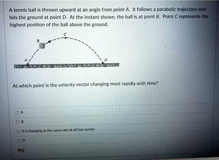 SOLVED: A tennis ball is thrown upward at an angle from point A, It follows parabolic trajectory ...