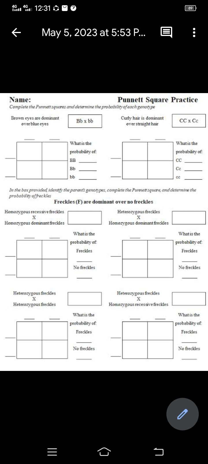 SOLVED: Name: Punnett Square Practice Complete the Pumunttsquares and ...