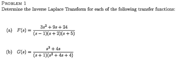 SOLVED: PROBLEM 1: Determine the Inverse Laplace Transform for each of ...