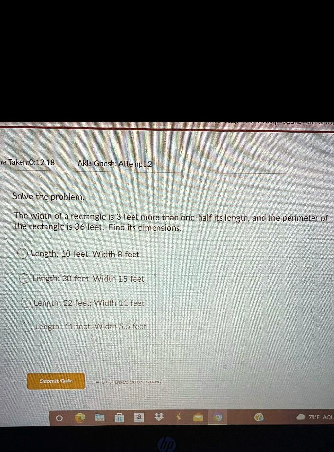 Solve the problem. The width of a rectangle is 3 feet more than one-half its length, and the ...