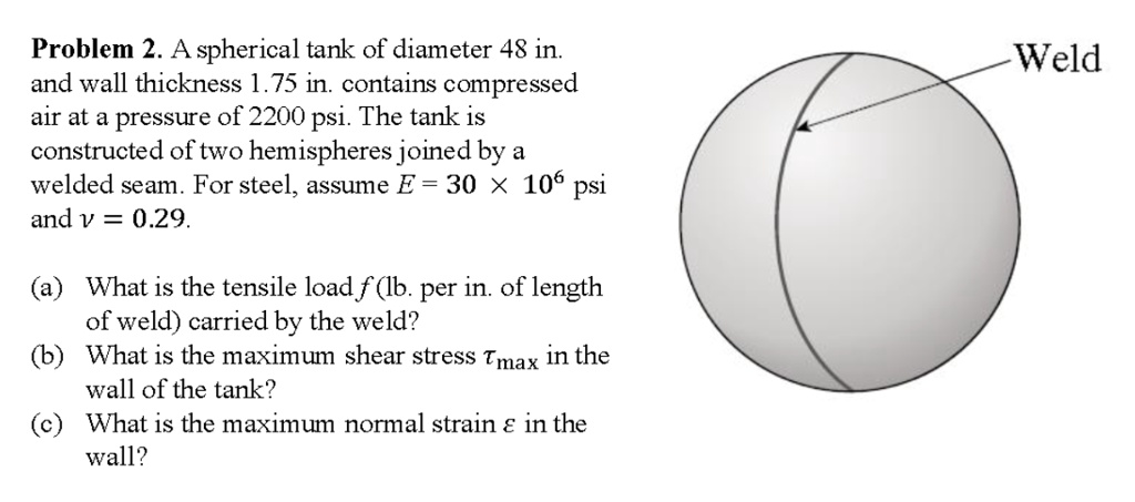 SOLVED: Problem 2. A spherical tank of diameter 48 in Weld and wall ...