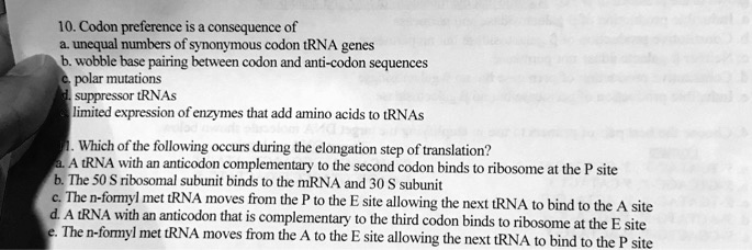 SOLVED: Codon preference is a consequence of unequal numbers of synonymous codon tRNA genes ...