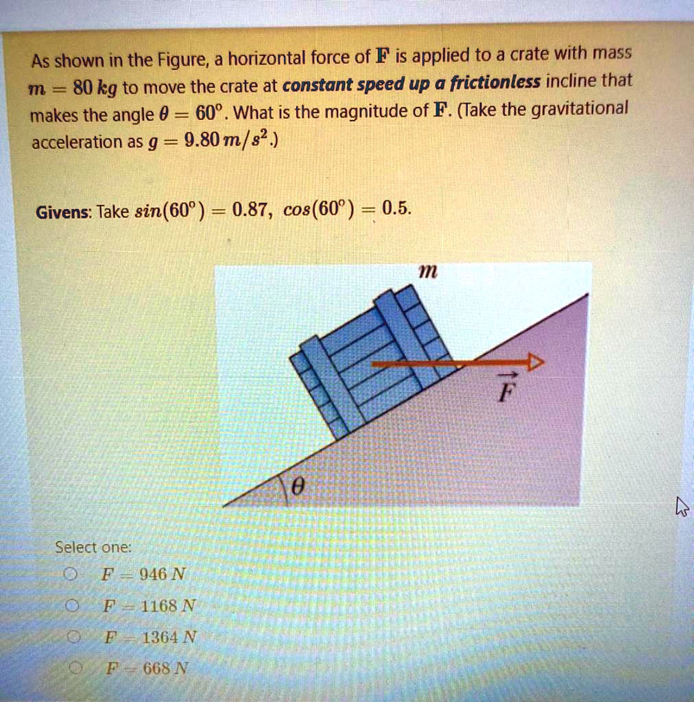 SOLVED: As shown in the Figure; a horizontal force of F is applied to a crate with mass m = 80 ...