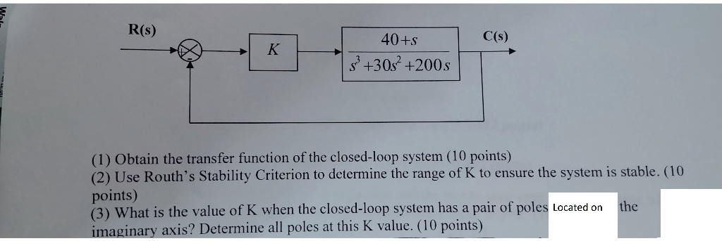 SOLVED: R(s) 40+s C(s) K s+30s+200s (1 Obtain the transfer function of the closed-loop system(10 ...