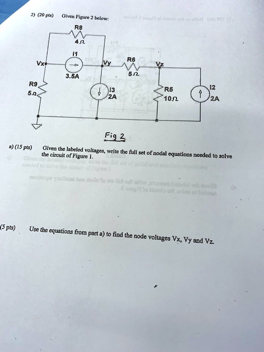 2) (20 pts) Given Figure 2 below: R8 4? I1 Vx Vy R6 Vz 3.5A R9 5? I3 2A R5 10? I2 2A a) (15 pts ...