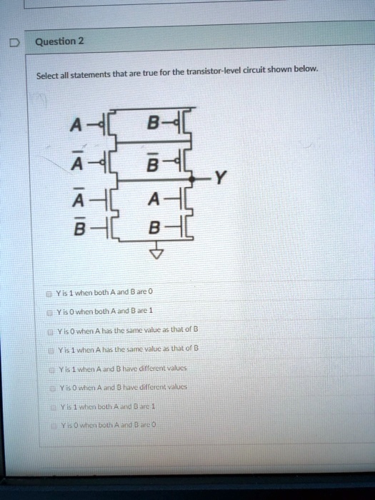SOLVED: Select all statements that are true for the transistor-level circuit shown below: A B- B ...