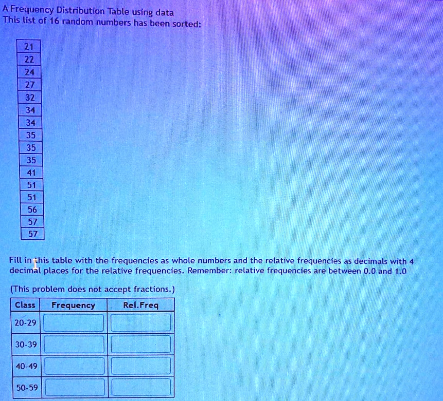 afrequency distribution table using data this list of 16 random numbers has been sorted 21 22 24 ...
