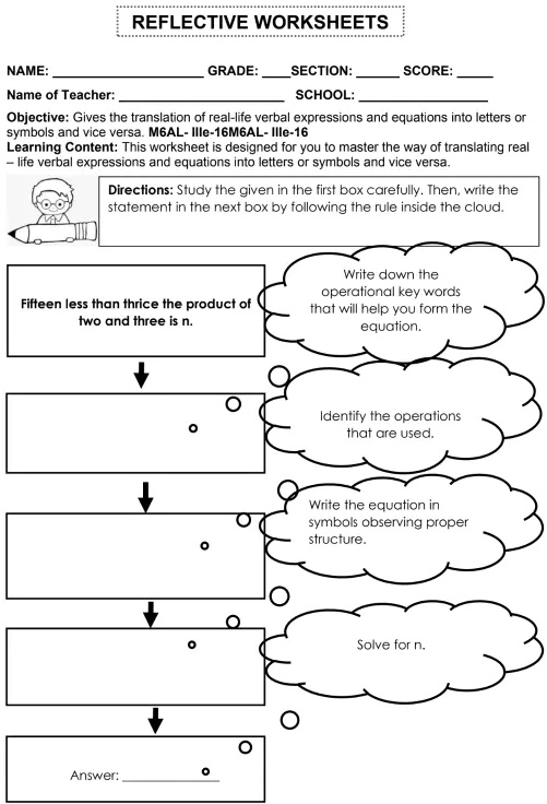 SOLVED: Text: REFLECTIVE WORKSHEETS NAME: GRADE: SECTION: SCHOOL: SCORE ...
