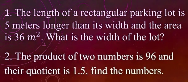 SOLVED: 1, The length of a rectangular parking lot is 5 meters longer than its width and the ...