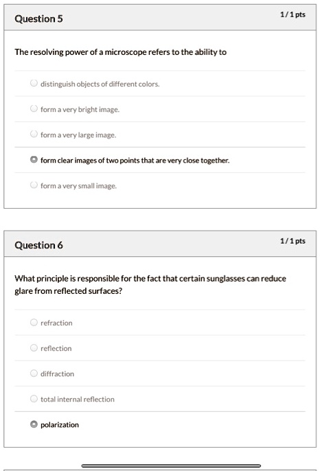 SOLVED: Question 5 1/1pts The resolving power of a microscope refers to ...