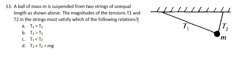SOLVED: A ball of mass m is suspended from two strings of unequal length as shown above. The ...