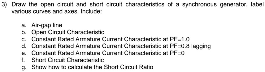 3) Draw the open circuit and short circuit characteristics of a synchronous generator, label ...