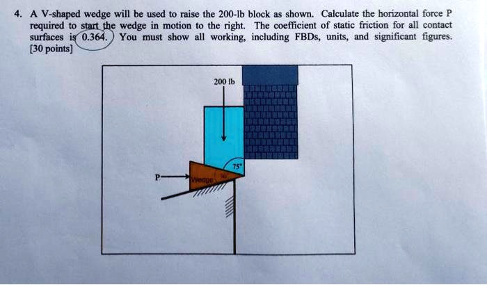 4. A V-shaped wedge will be used to raise the 200-lb block as shown ...