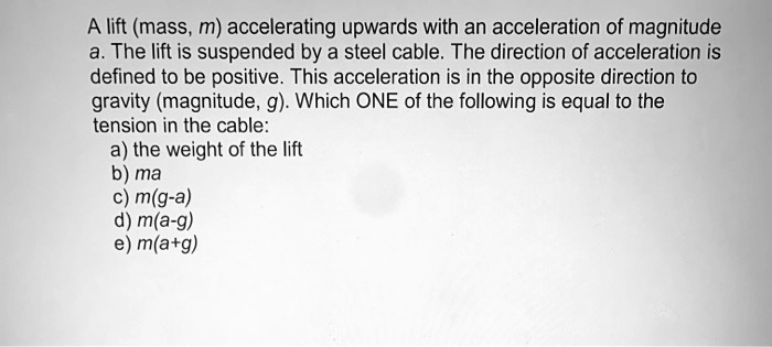 SOLVED: A lift (mass, m) accelerating upwards with an acceleration of ...
