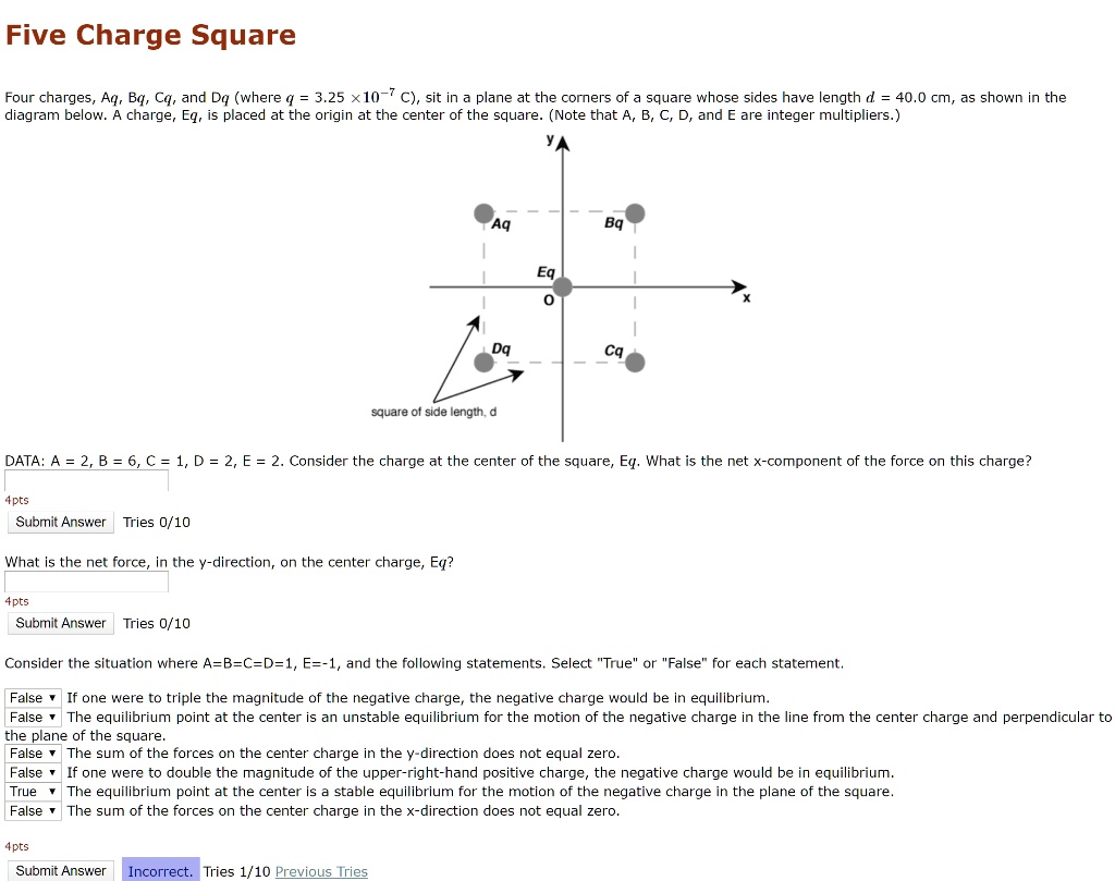 SOLVED: Five Charge Square Four charges_ Bq, Cq, and Dq (where q = 3.25 X10 C), sit in a plane ...