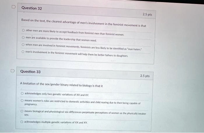 SOLVED: Based on the text, the clearest advantage of men's involvement in the feminist movement ...