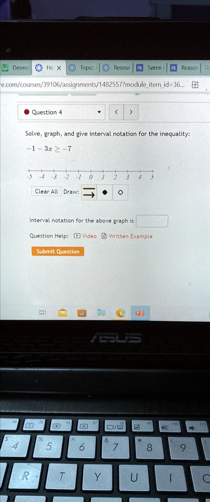 Solve, graph, and give interval notation for the inequality: -1 - 3x ≥ -7