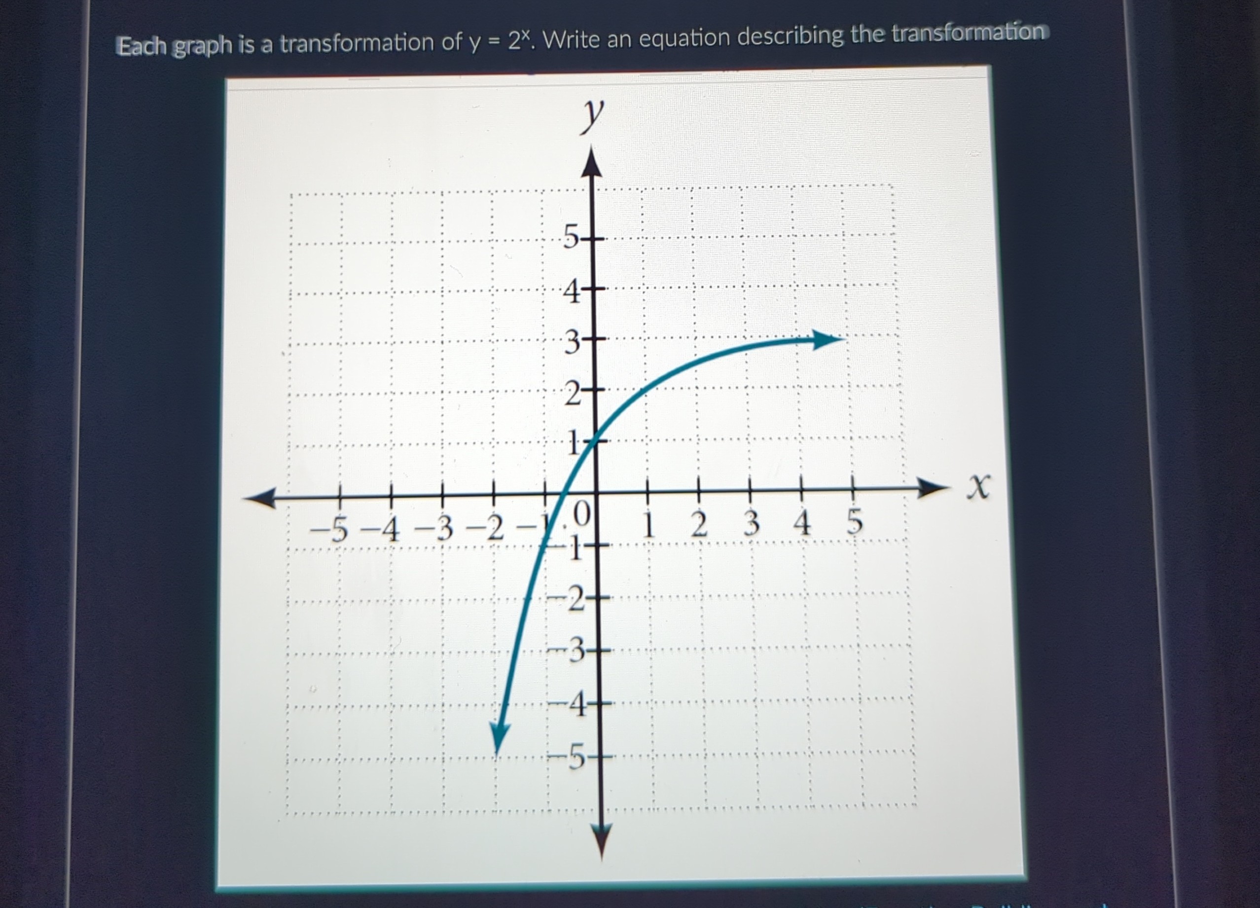 SOLVED: Each graph is a transformation of y=2^x. Write an equation ... SOLVED: Each graph is a transformation of y=2^x. Write an equation ...