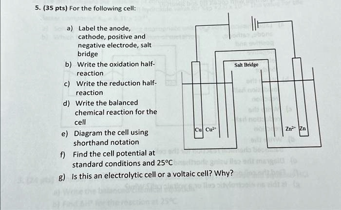 5. (35 pts) For the following cell: a) Label the anode, cathode, positive and negative electrode ...