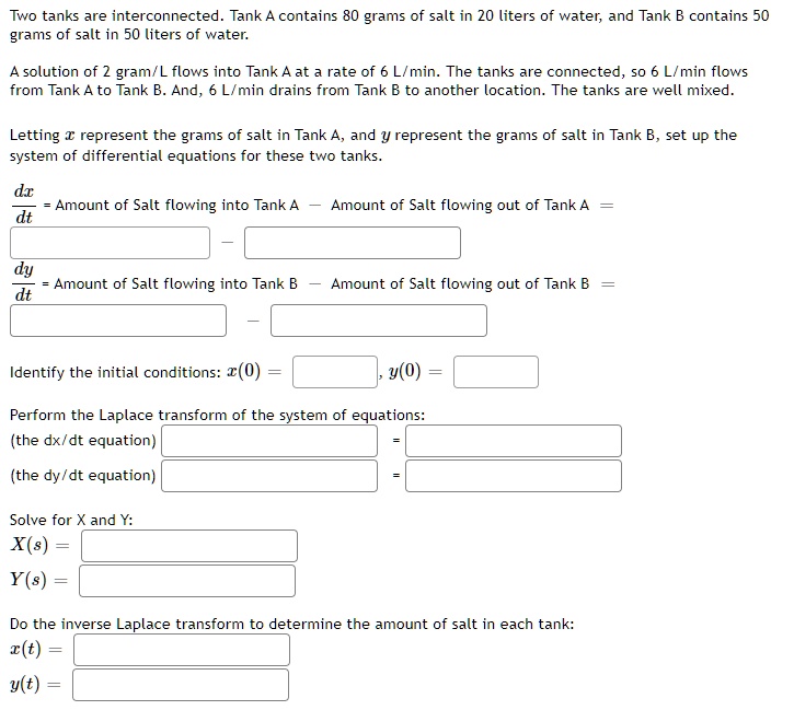SOLVED: Two tanks are interconnected. Tank A contains 80 grams of salt ...