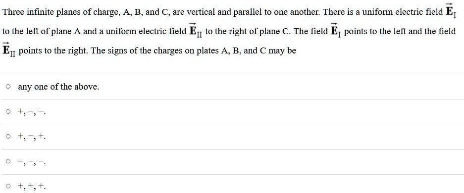 Three infinite planes of charge, A, B, and C, are vertical and parallel ...