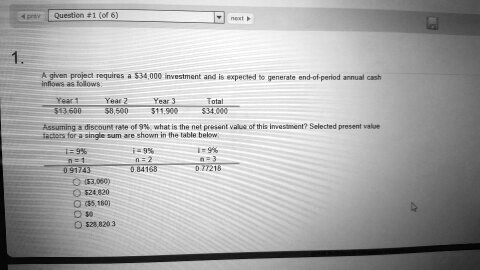 1. Question #1 (of 6) next A given project requires a 34,000 investment ...