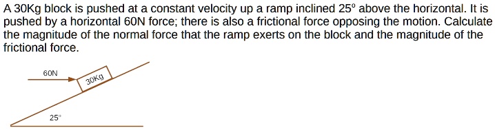 SOLVED: A 30 kg block is pushed at a constant velocity up a ramp ...