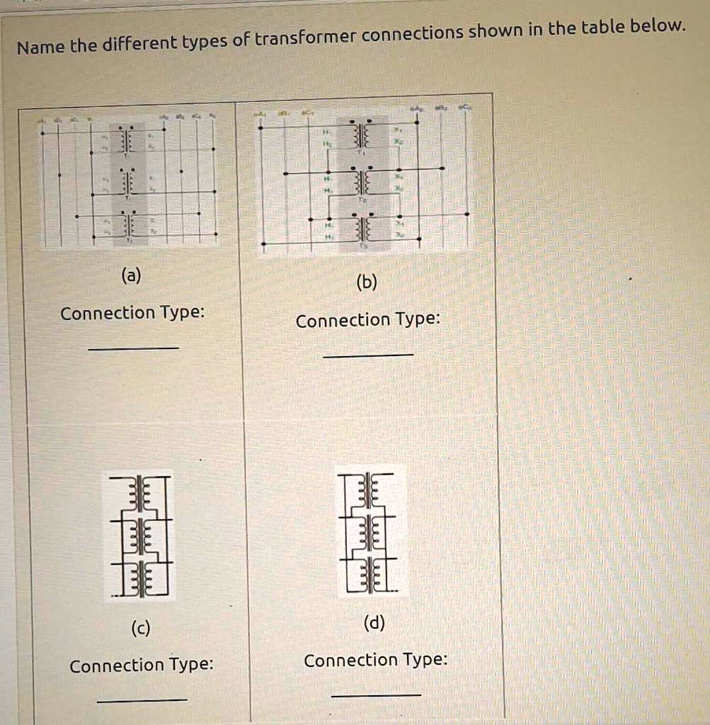 Name the different types of transformer connections shown in the table ...