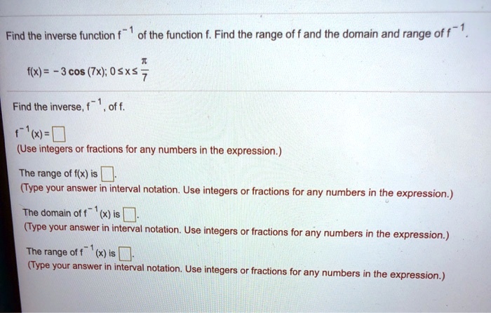 SOLVED: Find the inverse function f of the function f. Find the range ...