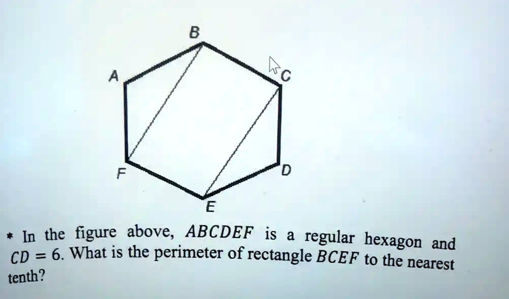 In the figure above, ABCDEF is a regular hexagon and CD = 6. What is the perimeter of rectangle ...