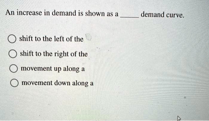 SOLVED: An increase in demand is shown as a demand curve shift to the ...